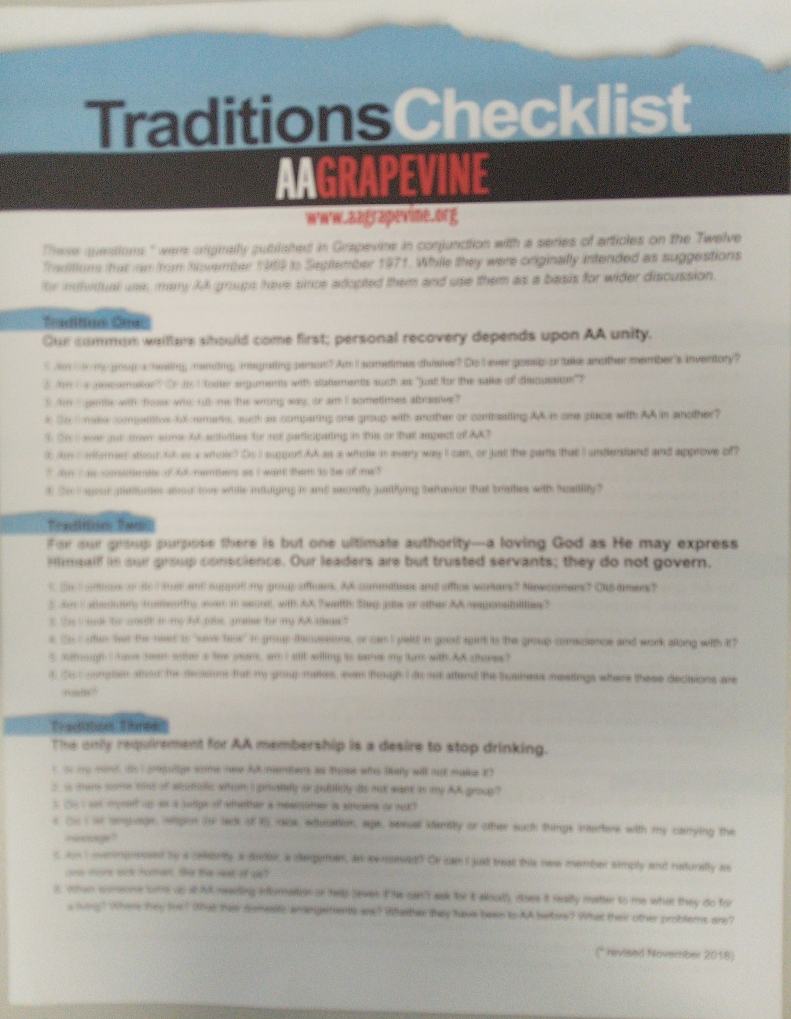 Traditions Checklist – AA NSW Bookshop